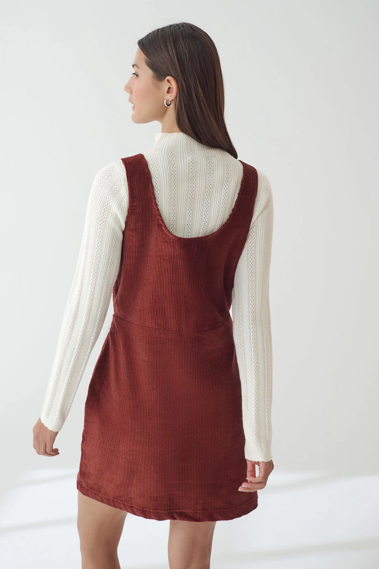 Brown Rust Short Cord Knitted Jumper Layer Pinafore 100% Cotton Dress