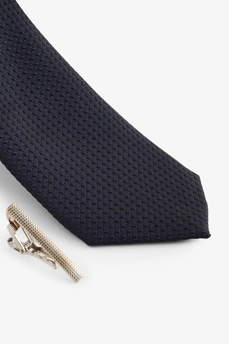 Dark Blue Slim Textured Tie And Clip Set