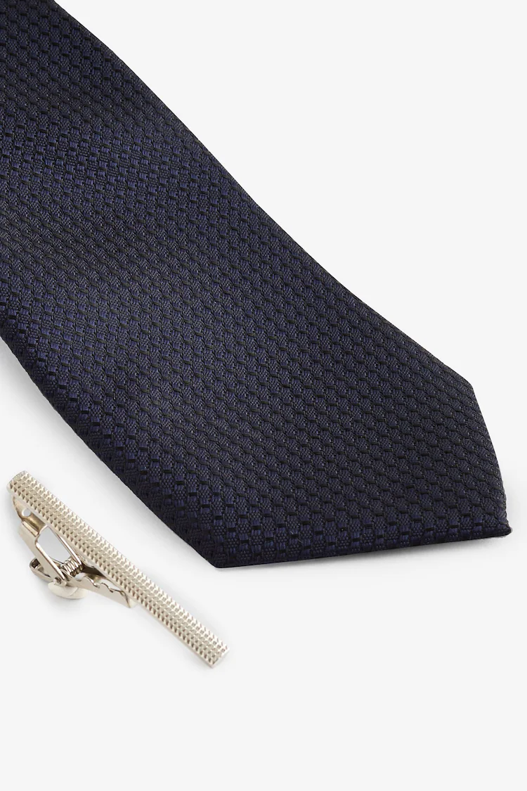 Dark Blue Textured Tie And Clip Set