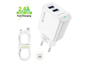 BAVIN punjač 2xUSB-A 24A +kabl lightning bela