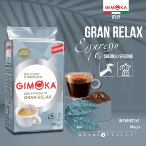 GIMOKA GRAN RELAX DECAFFEINATO PRŽENA MLEVENA KAFA ZA ESPRESSO I ZA MOKA APARAT 250 GRAMA