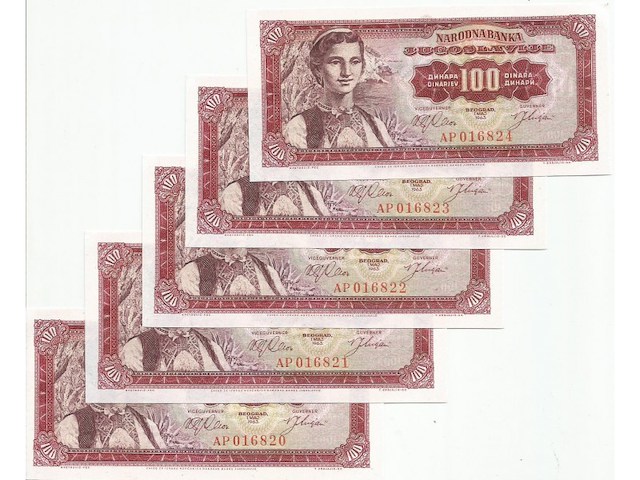 Jugoslavija 100 dinara 1963. UNC/AUNC  x 5 kom.