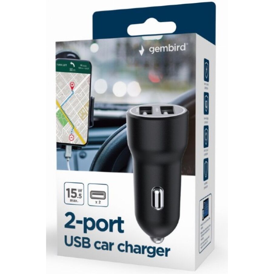 TA-UC-2A15-CAR-01 Gembird 2-port USB car charger, 3.1 A, black