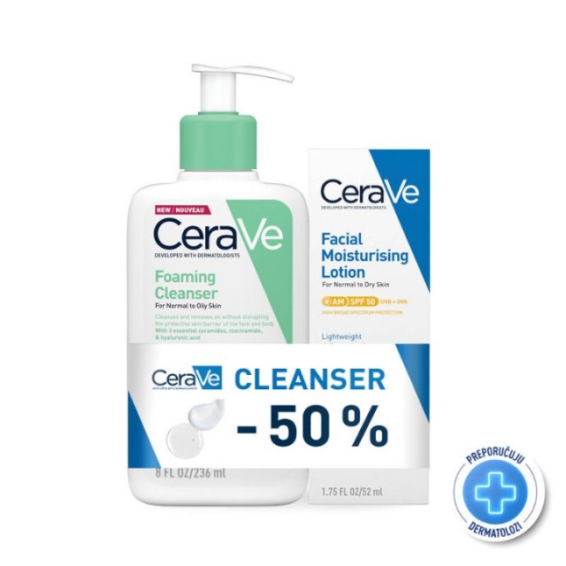 CERAVE PENUŠAVI GEL ZA ČIŠĆENJE ZA NORMALNU DO MASNU KOŽU 236ML + CERAVE HIDRANTNA NEGA ZA LICE SPF50 50ML PROMO PAKET (50% NIŽA CENA NA ČISTAČ)