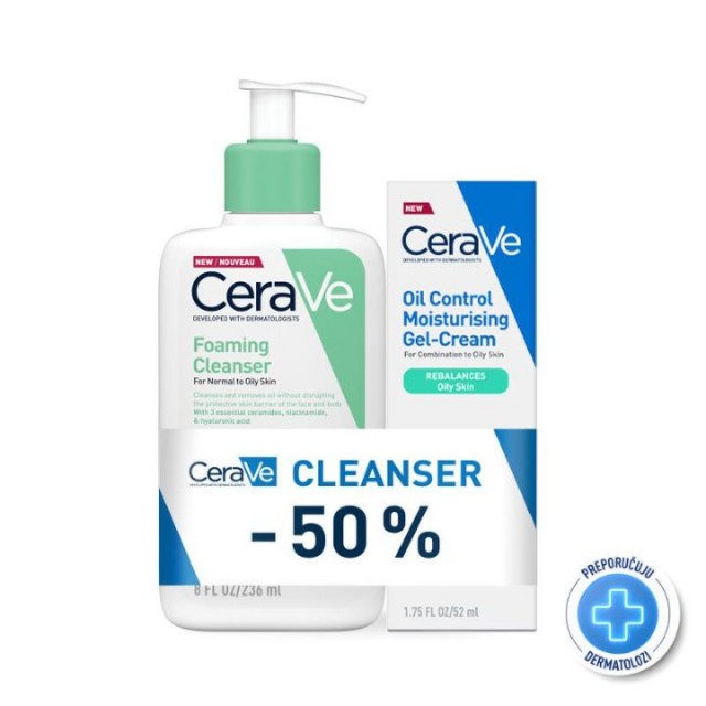 CERAVE PENUŠAVI GEL ZA ČIŠĆENJE ZA NORMALNU DO MASNU KOŽU 236ML + CERAVE OIL CONTROL HIDRANTNA GEL KREMA ZA MASNU KOŽU 52ML (50% NIŽA CENA NA ČISTAČ)