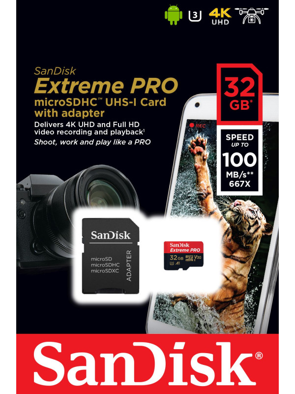 SanDisk SDHC 32GB Micro Extreme Pro 100MB/s C10 V30 U3+SD Adap.