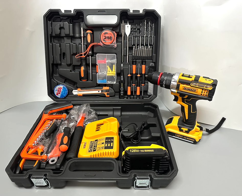 Dewalt aku srafilica,busilica,cekic 128v+pribor+2 baterije