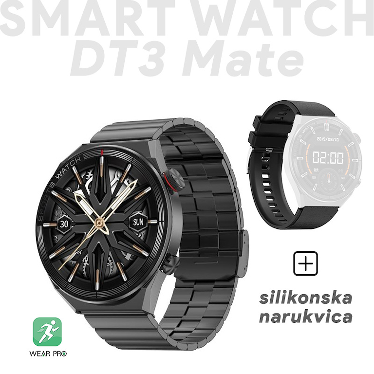 SMART WATCH DT3 MATE CRNI (METALNA+SILIKONSKA NARUKVICA)