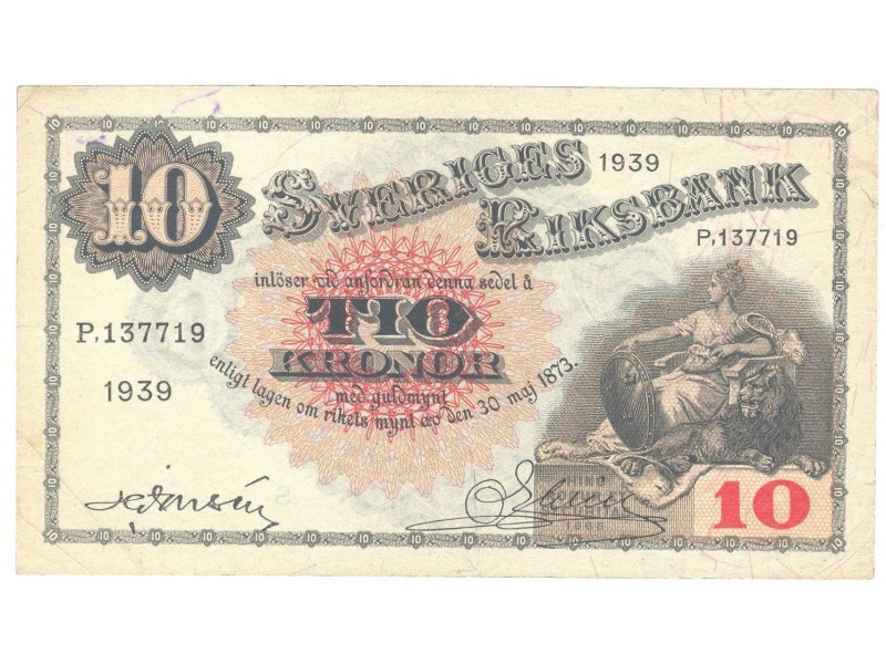 Svedska 10 kronor 1939 aUNC