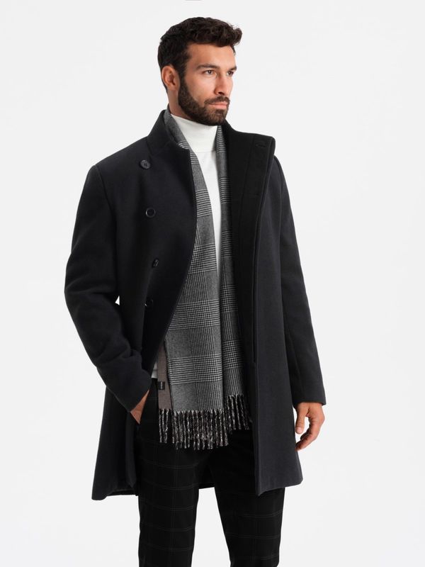OMBRE MEN'S COAT WITH HIGH COLLAR AND ASYMMETRICAL FASTENING - BLACK