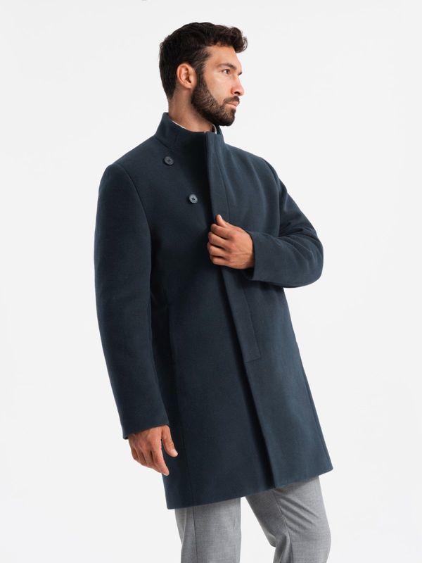 OMBRE MEN'S COAT WITH ASYMMETRICAL FASTENING AND HIGH COLLAR - NAVY BLUE