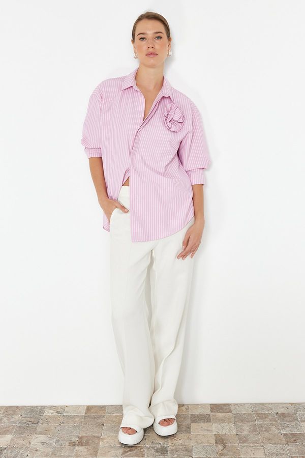 TRENDYOL LIMITED EDITION PINK OVERSIZE STRIPED ROSE DETAILED WOVEN SHIRT