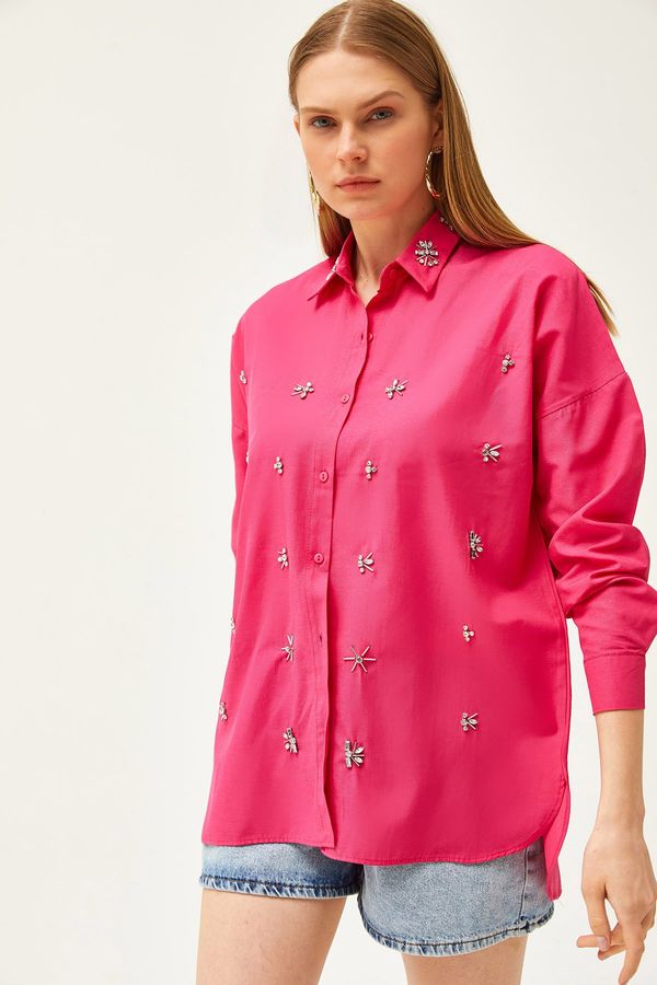 OLALOOK WOMEN'S FUCHSIA COLLAR AND JEWELLED FRONT SIX OVAL WOVEN SHIRT