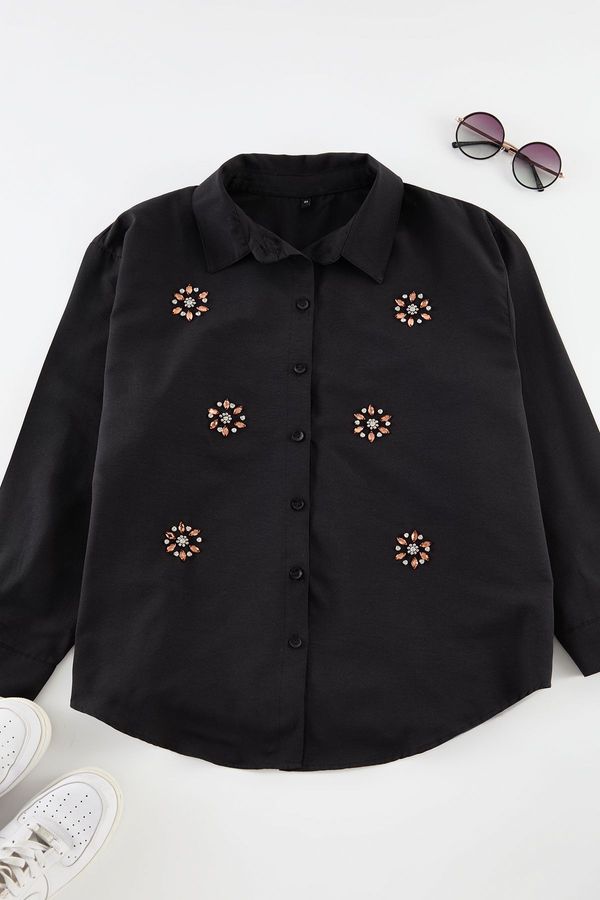 TRENDYOL CURVE BLACK PLUS SIZE STONE EMBROIDERED POPLIN SHIRT