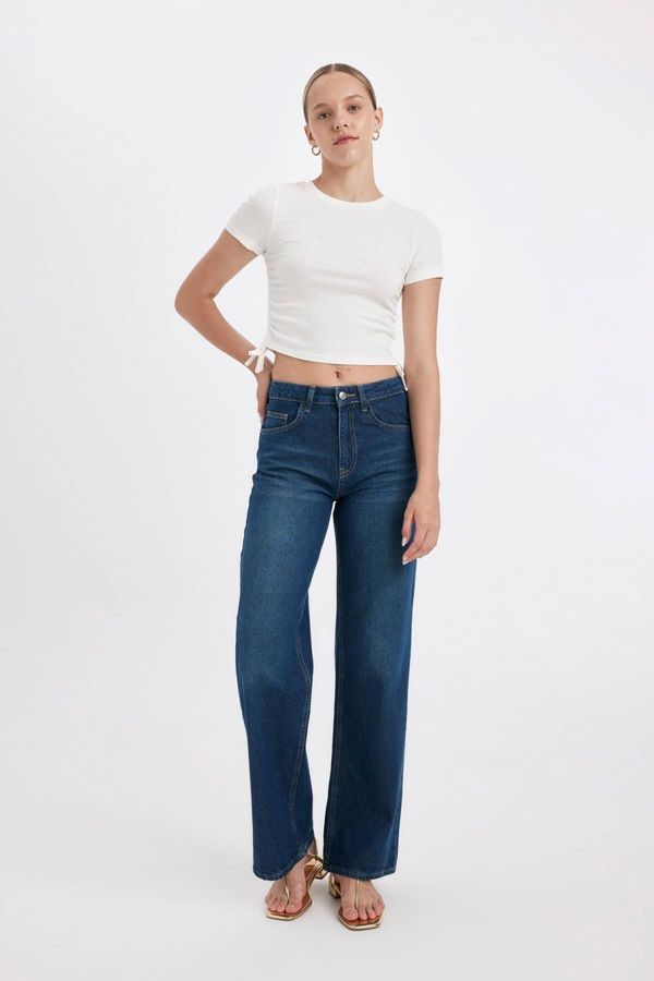 DEFACTO Straight Wide High Waist Long Jean Washed Trousers