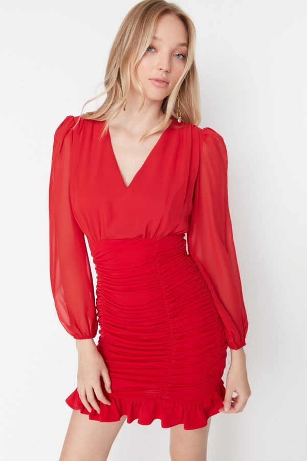 Trendyol Red Wrap-around Gimped V-Neck Mini Woven Dress