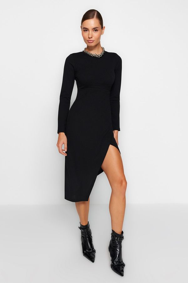 Trendyol Black Crew Neck Slit Detail Fitted Midi Knitted Dress