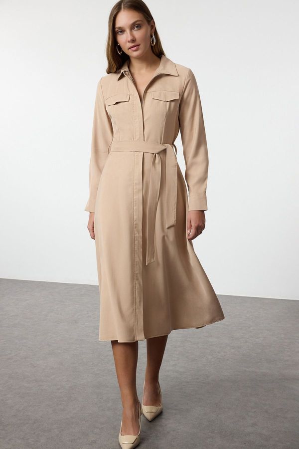 Trendyol Camel Belted A-Line Premium Fabric Zipper Detail Midi Shirt Dress