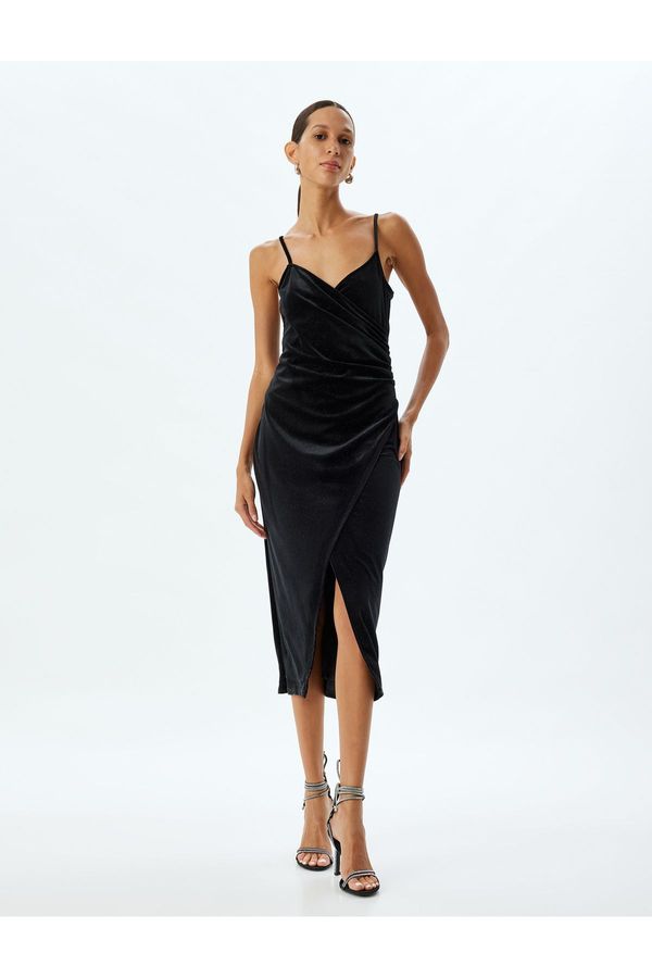 Koton Velvet Dress Glittery Midi Length Slit Detailed Straped V Neck Draped