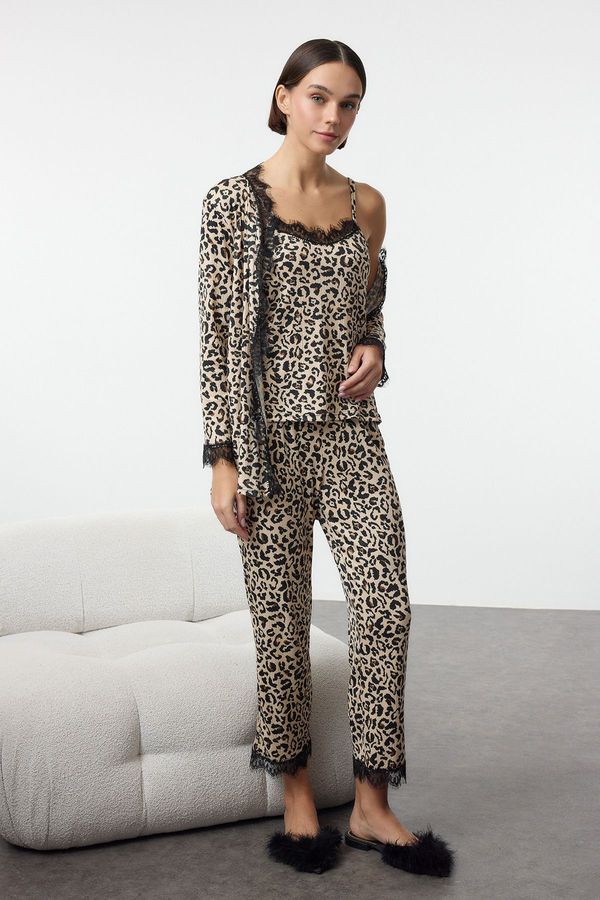 TRENDYOL LEOPARD 3-PACK TIE AND LACE DETAILED RIBBED KNITTED PAJAMA SET