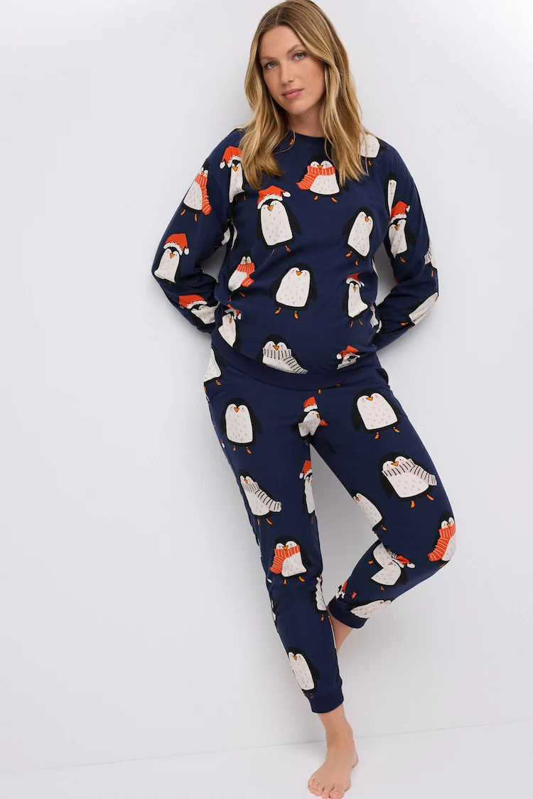 Navy Blue Matching Family Maternity Christmas Penguin Pyjamas