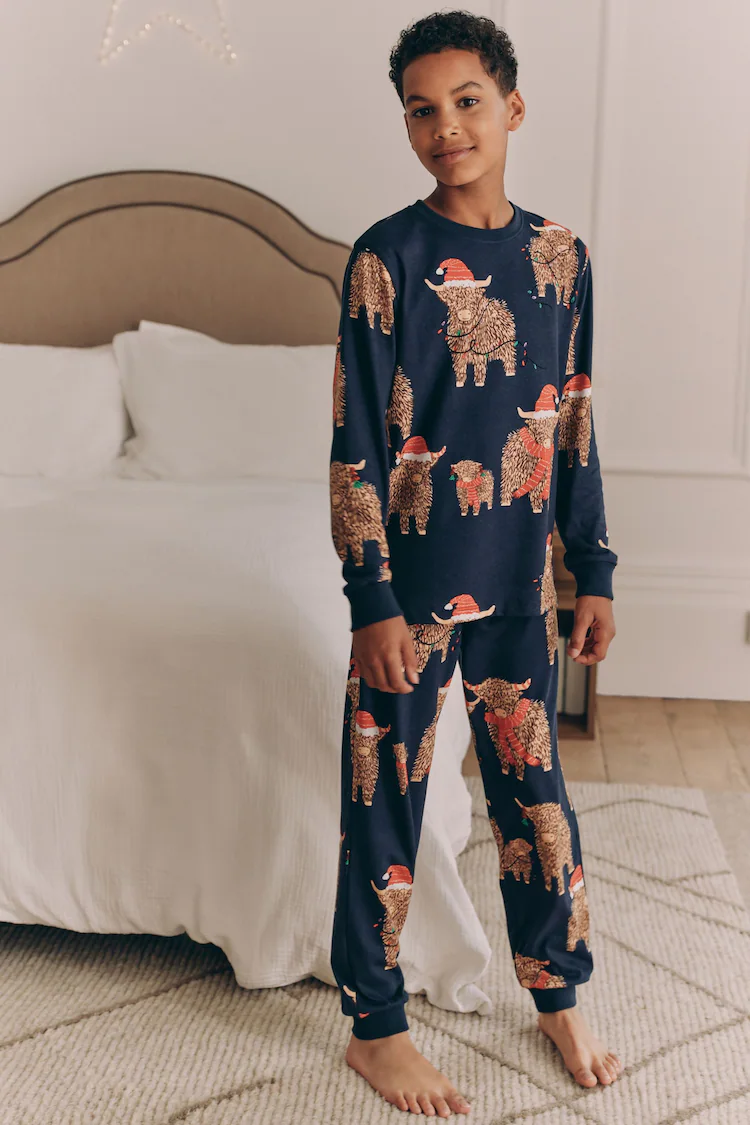 Navy Blue Matching Family Kids Christmas Hamish The Highland Cow 100% Cotton Pyjamas (12mths-8yrs)