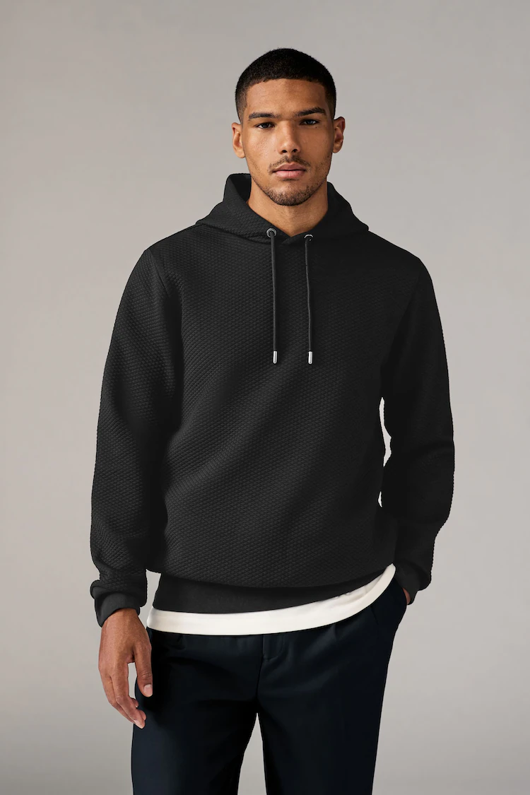 Black Hooded Textured Overhead Hoodie