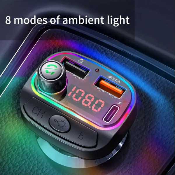 Bluetooth FM RGB Transmiter C15 3.1A+Type C crni