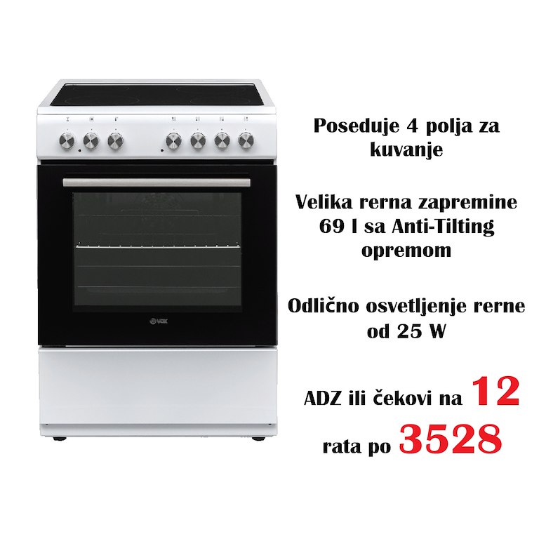 Vox Električni Šporet CHT 6000 W, Staklokeramički, Beli, 69L