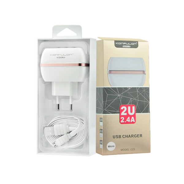 Kucni punjac KONFULON C23+S31A 2xUSB 5V 2.4A sa micro USB kablom beli