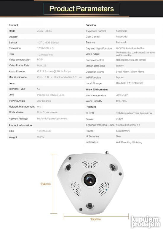 VR IP HD kamera 360 stepeni 3D Kamera – WiFi – LAN