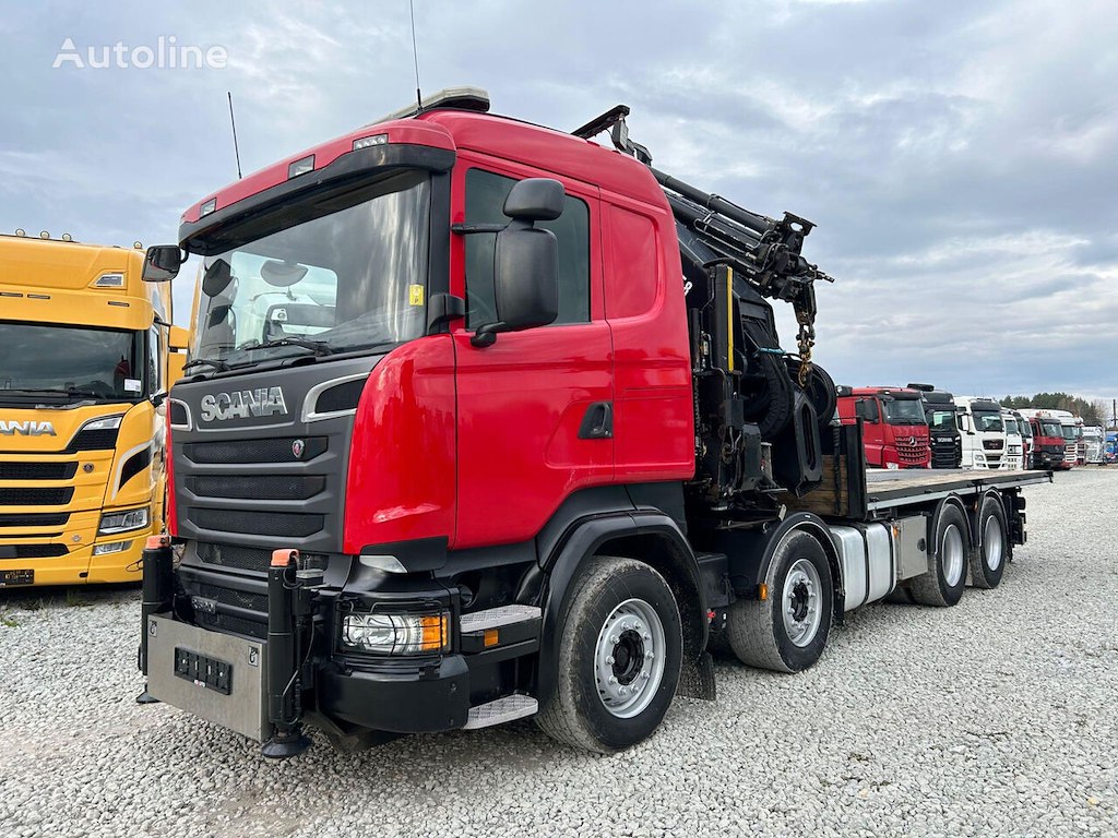 Scania R 520 Hiab 1058E-8 / KATSASTETTY + NOSTURI KYMPITETTY/ TULOSSA kamion s ravnom platformom