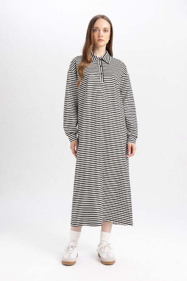 DEFACTO RELAX FIT STRIPED ZIPPERED POLO NECK LONG SLEEVE MAXI DRESS
