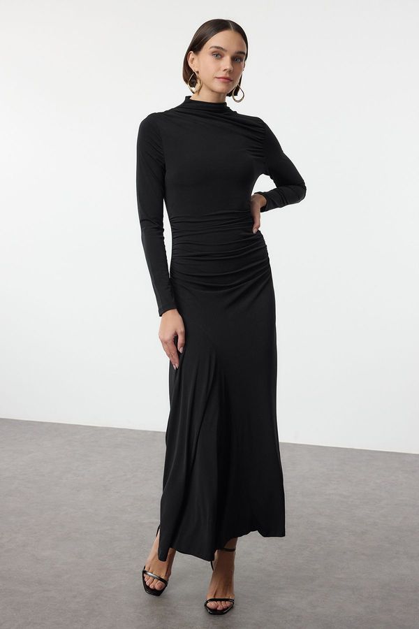 TRENDYOL BLACK FITTED STAND COLLAR LONG SLEEVE FLEXIBLE MAXI KNIT DRESS