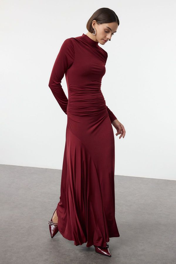 TRENDYOL BURGUNDY FITTED/FITS THE BODY STAND COLLAR LONG SLEEVE FLEXIBLE MAXI KNIT DRESS