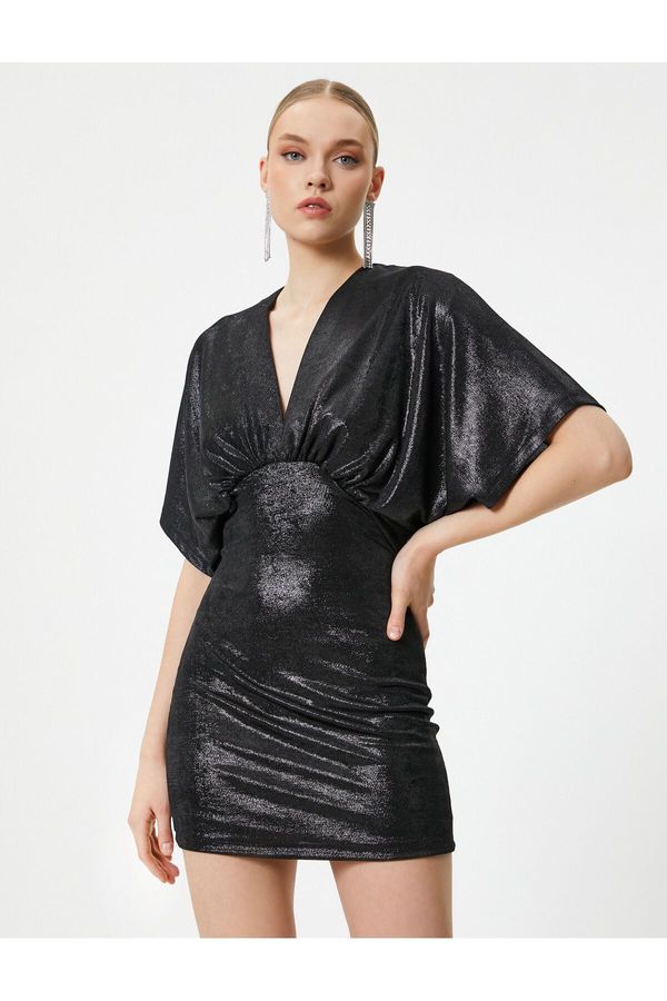KOTON MINI SHINY EVENING DRESS BAT SLEEVE V NECK SLIM FIT