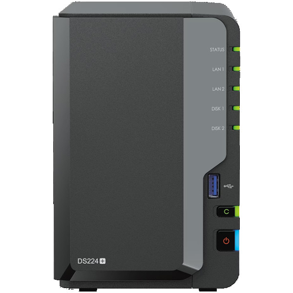 Synology DS224+,Tower, 2-bays 3.5 SATA HDD SSD, CPU Intel Celeron J4125 4-core (4-thread) 2.0 GHz, burst up to 2.7 GHz; 2GB DDR4 (expandabl