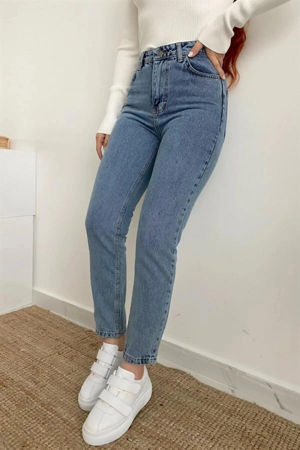 14924 DEWBERRY MOM JEANS HIGH WAIST DETAIL BOYFRIEND JEANS-DARK BLUE