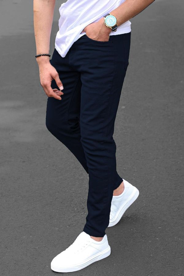 MADMEXT MEN'S NAVY BLUE CANVAS SLIM FIT TROUSERS 5736
