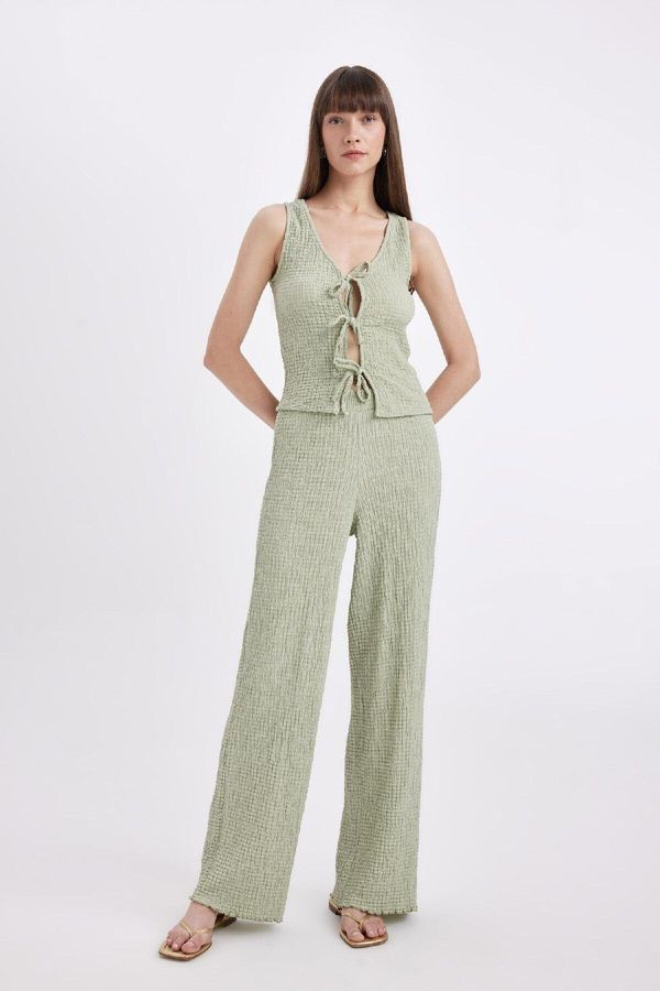 DEFACTO WIDE LEG ELASTIC WAIST BASIC PLAIN CREPE TROUSERS