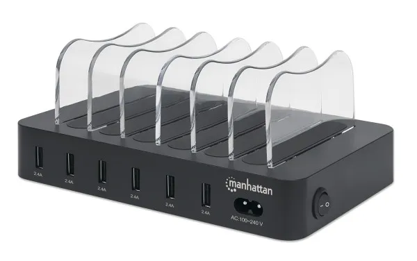 USB punjač 6-port Manhattan 102254 5V/2.4V/50W/držač za telefon Crni