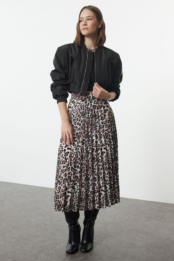 TRENDYOL BROWN LEOPARD PLEATED MAXI LENGTH WOVEN SKIRT
