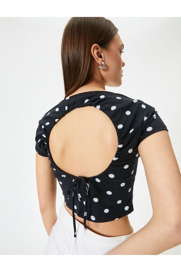 KOTON LOW-CUT BACK POLKA DOT T-SHIRT CROP BOW DETAIL