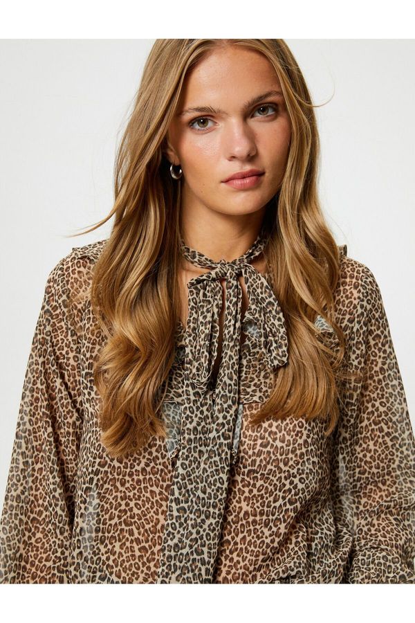 KOTON LEOPARD PATTERNED BLOUSE FOULARD COLLAR FRILLY WINDOW DETAILED