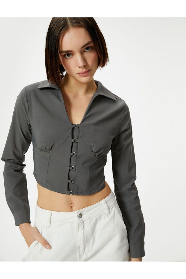 KOTON SHIRT COLLAR CROP BLOUSE SLIM FIT LONG SLEEVE CORSET LOOK