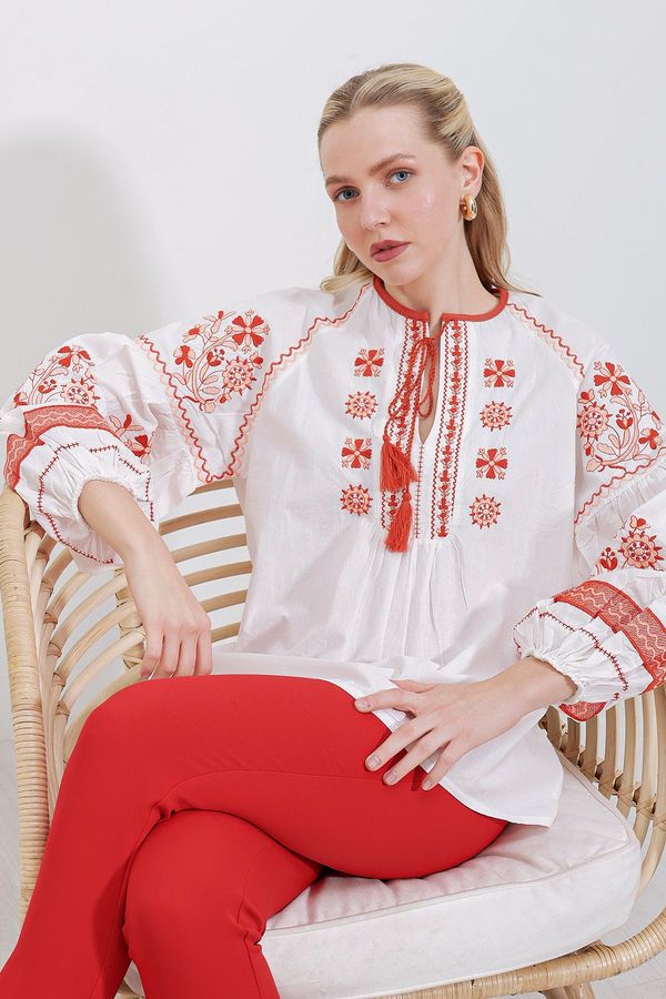 BIGDART WOMEN'S WHITE ORANGE EMBROIDERED LINEN BLOUSE 902