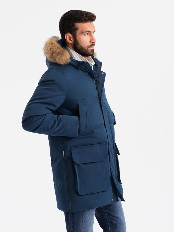 OMBRE MEN'S LONG PARKA JACKET WITH FLARED BOTTOM - NAVY BLUE