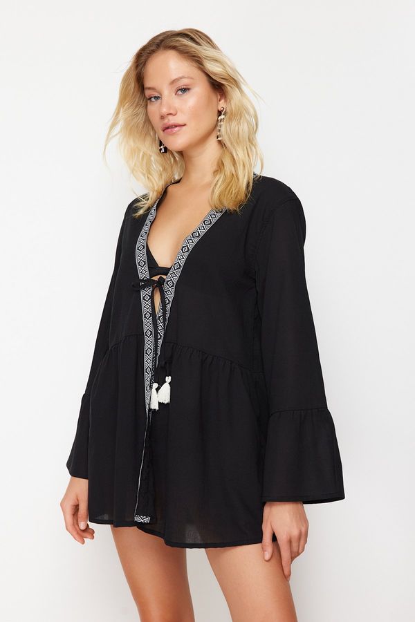 TRENDYOL BLACK MINI WOVEN STRIPE ACCESSORY KIMONO&KAFTAN
