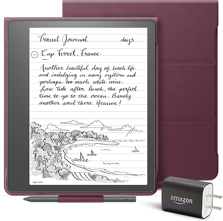 Kindle Scribe Essentials Bundle including Kindle Scribe (16 GB), Basic Pen, Leather Folio Cover with Magnetic Attach - Burgundy, and Power Adapter