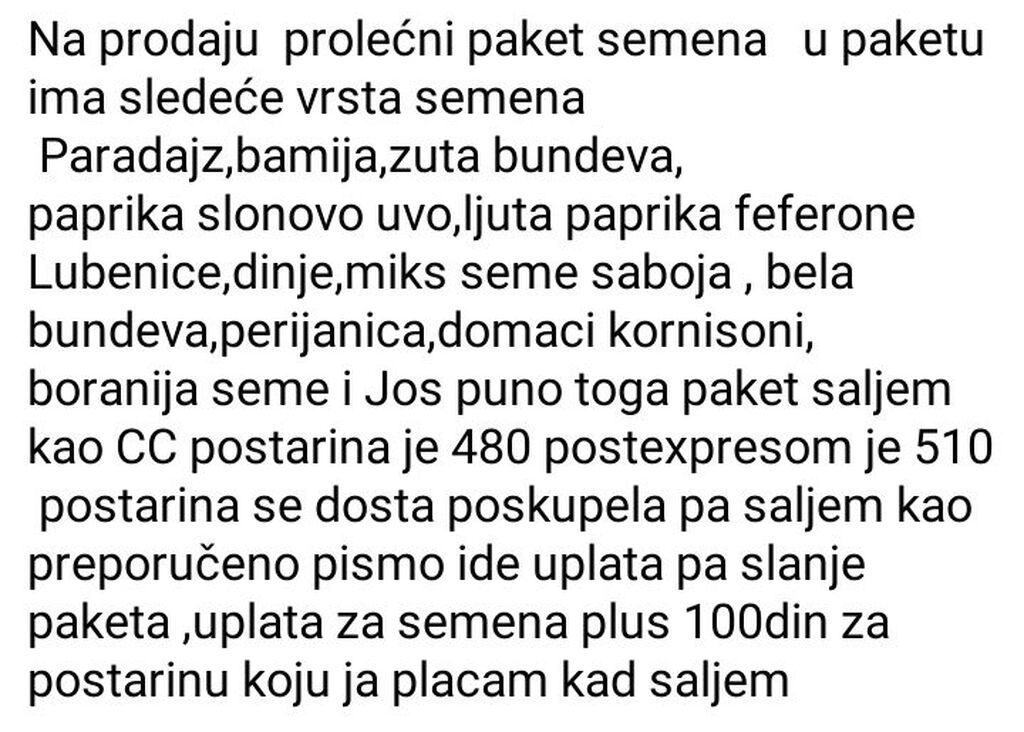 Prodaja svih vrsta domacih semena